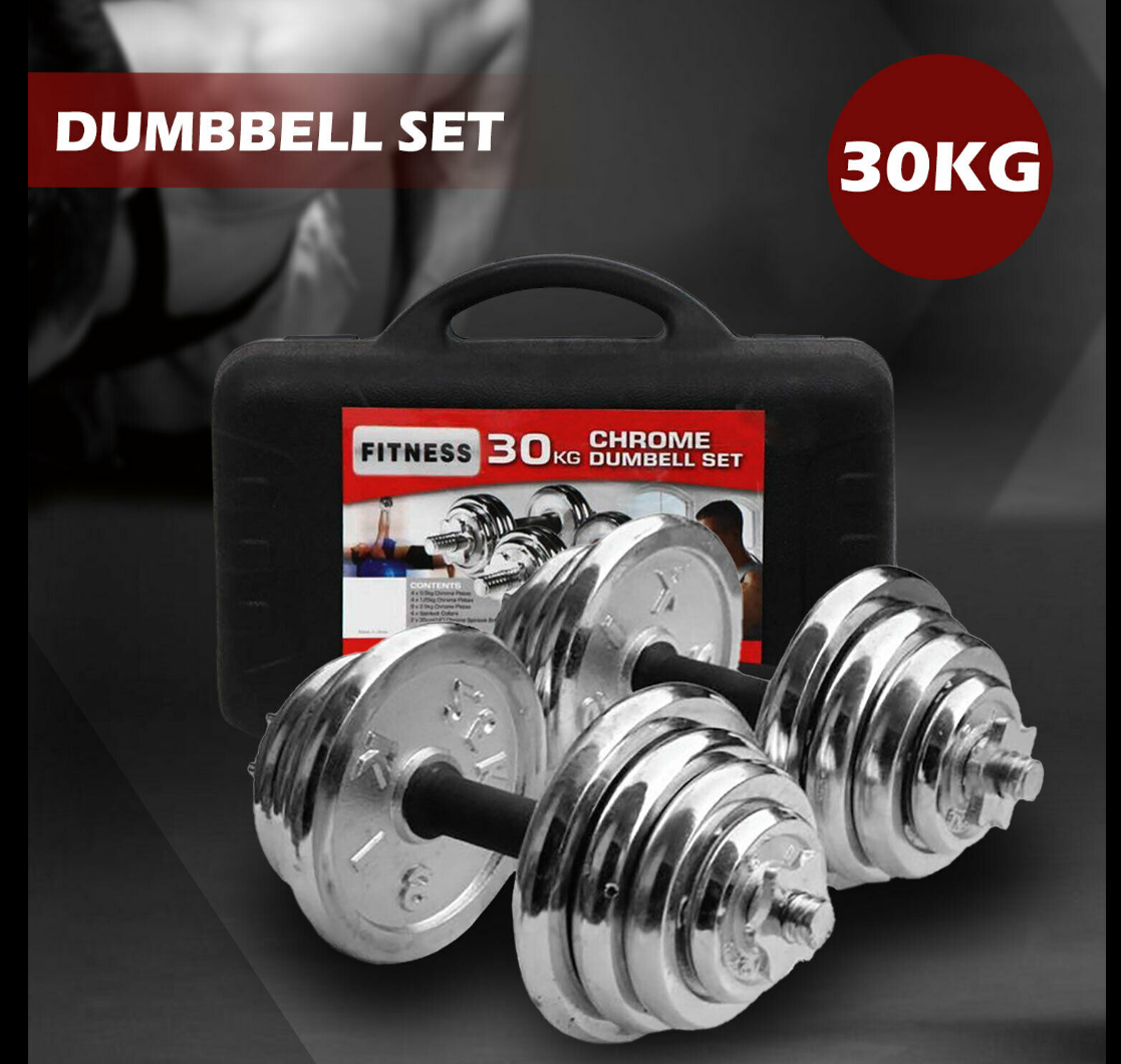30kg metal weight plate set barbell dumbbell bars & carry case GYM ...
